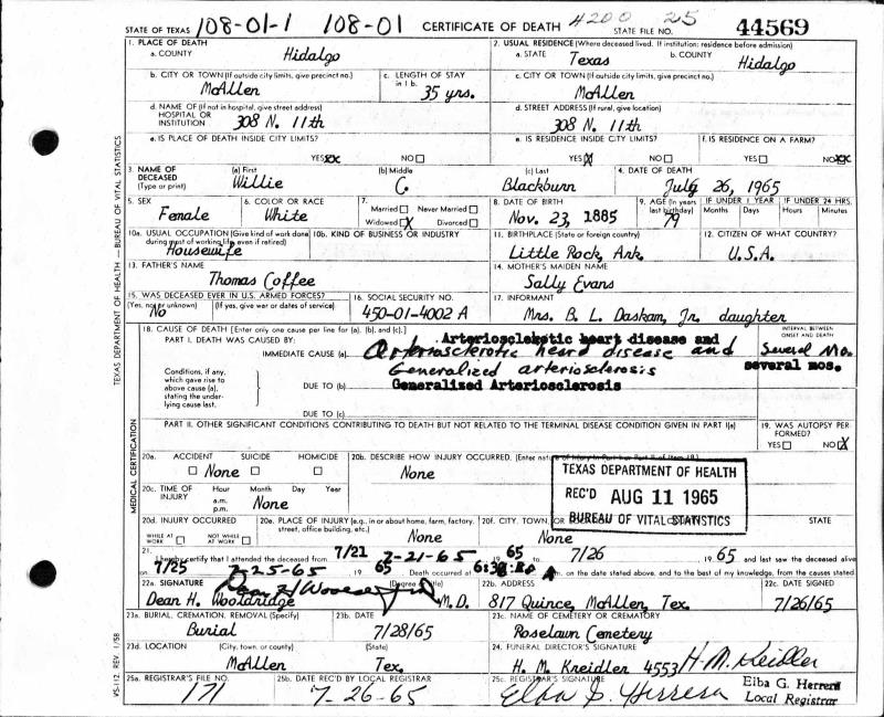 Texas, Death Certificates, 1903-1982